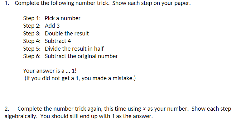 Solved 1. Complete the following number trick. Show each | Chegg.com