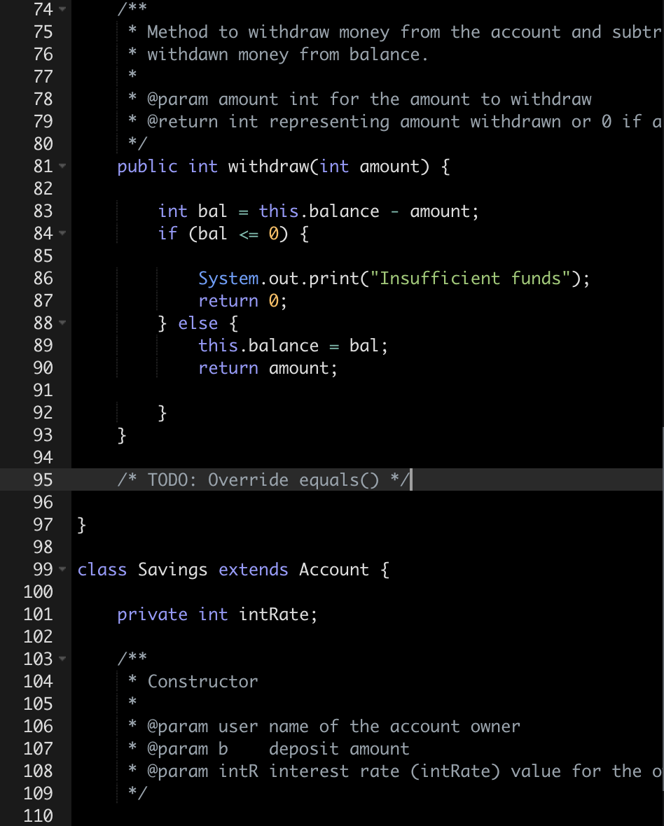 Solved Override the equals() method in Account to return | Chegg.com