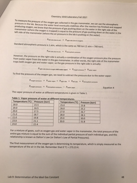 Solved Chemistry 1010 Laboratory Fall 2017 Lab 9: | Chegg.com
