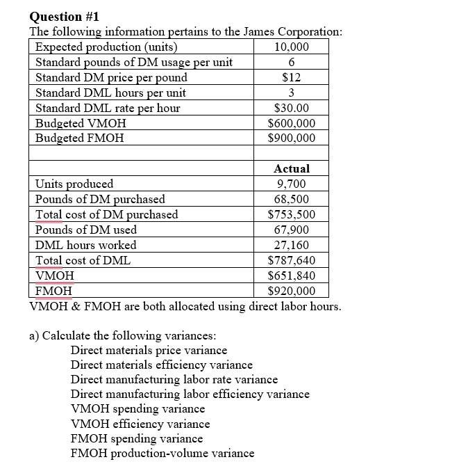 Question #1 VMOH \& FMOH are both allocated using | Chegg.com