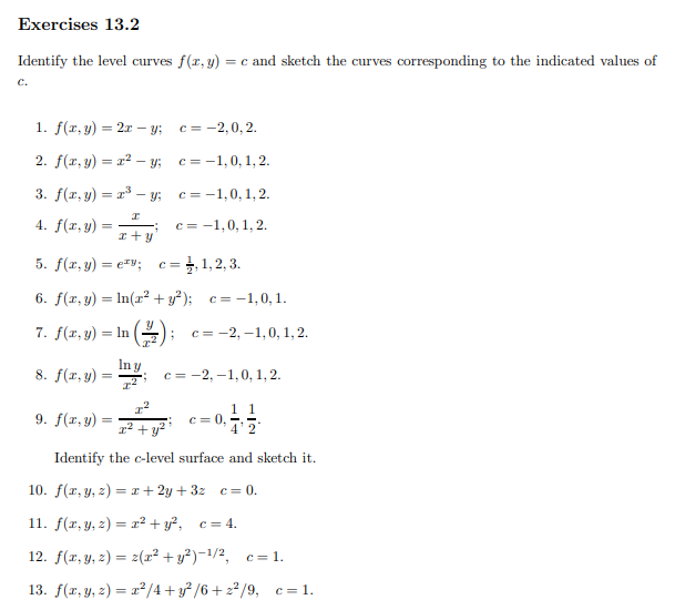 Solved Exercises 13.2 Identify the level curves f(x,y) = c | Chegg.com