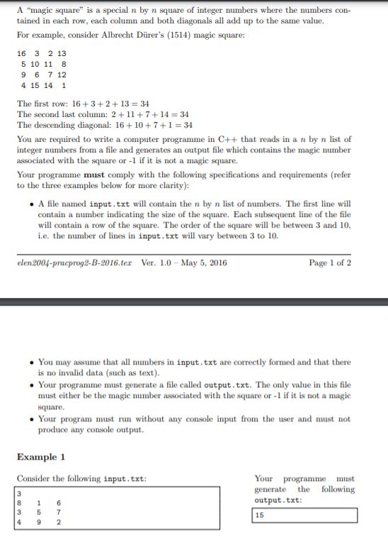Solved A “magic square” is a special n by n square of | Chegg.com