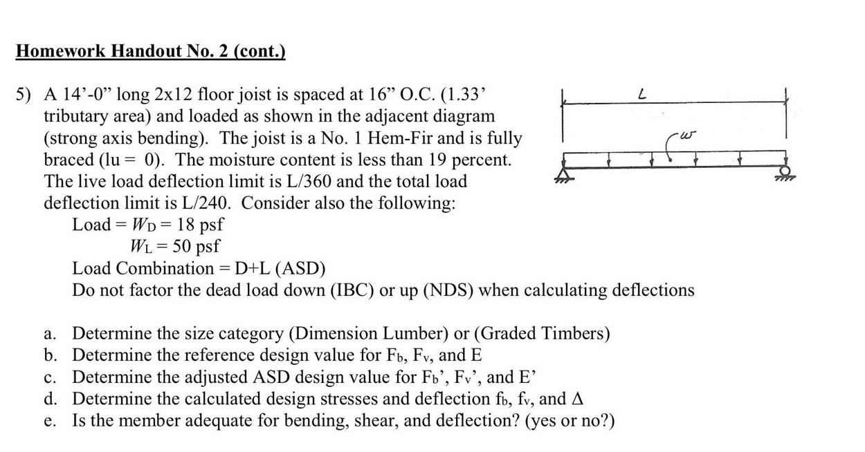 Solved Homework Handout No. 2 (cont.) L 5) A 14²-0” long | Chegg.com
