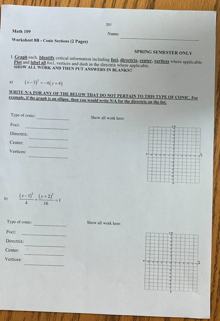 Solved 203 Math 109 Name: Worksheet 8B - Conic Sections (2 | Chegg.com