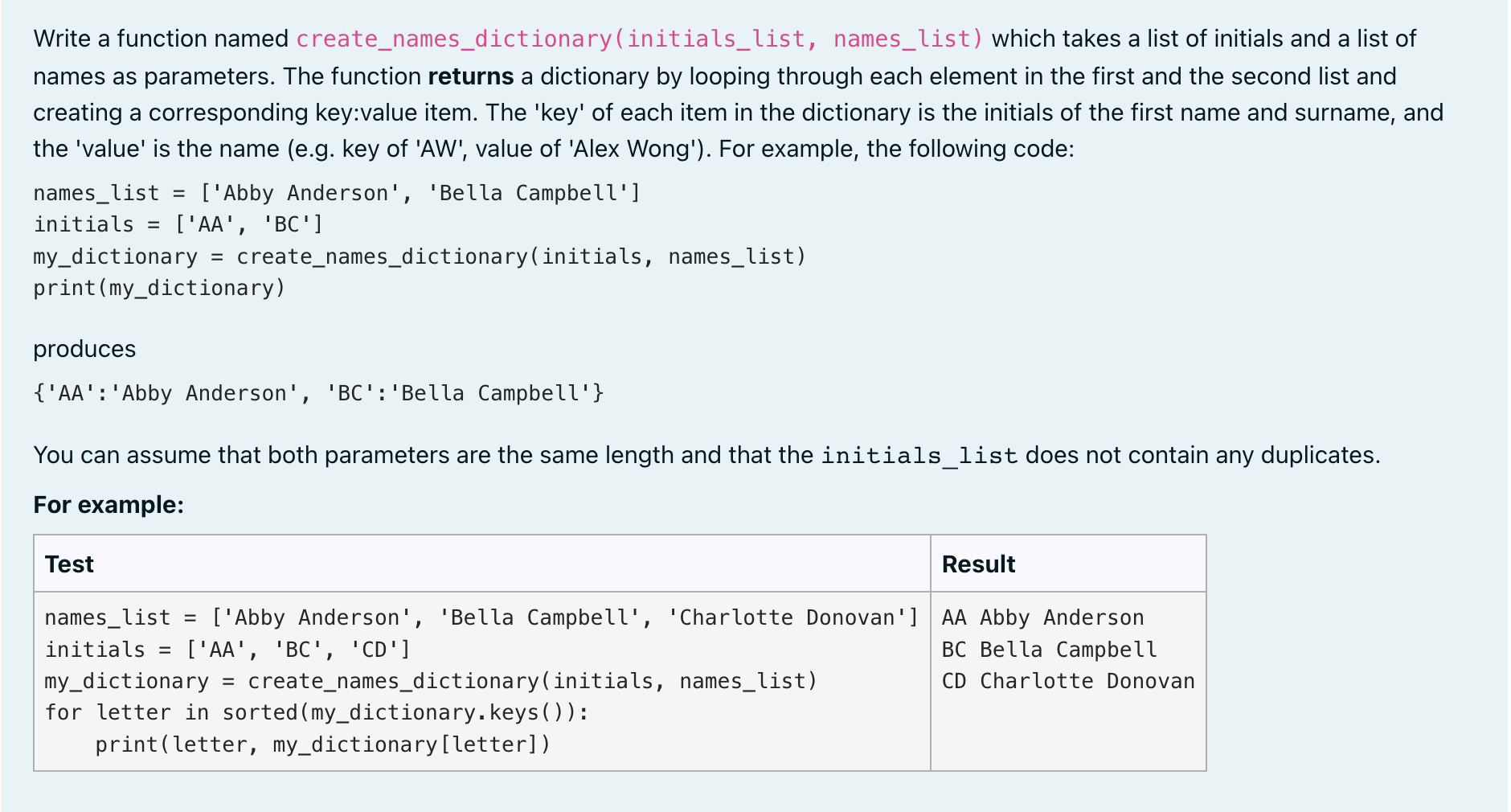 Solved create_names_dictionary(initials_list, names_list) | Chegg.com