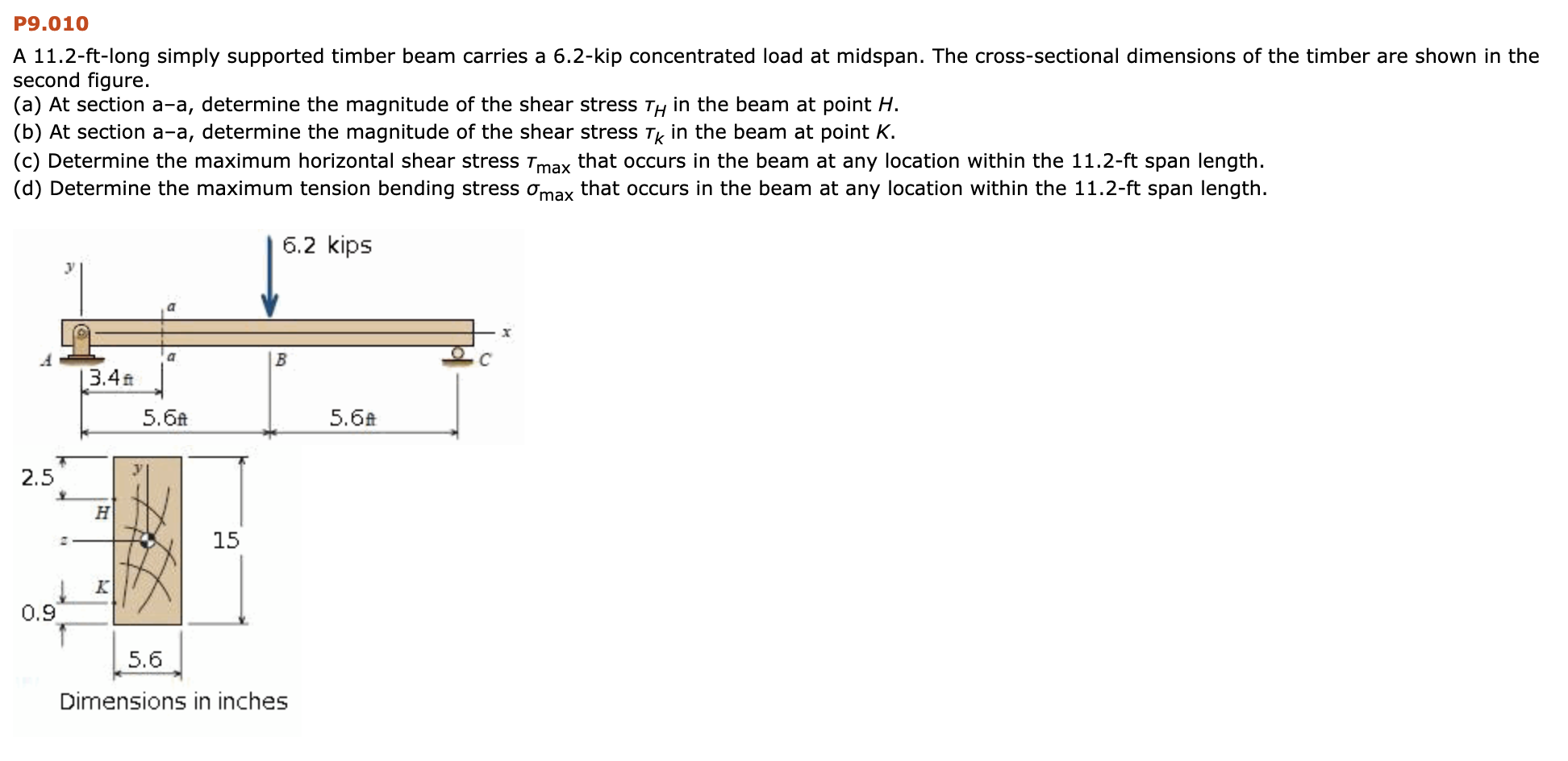 Solved P9.010 A 11.2-ft-long simply supported timber beam | Chegg.com