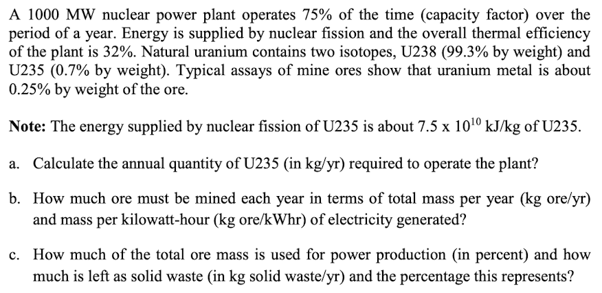 Solved A 1000MW nuclear power plant operates 75% of the time | Chegg.com