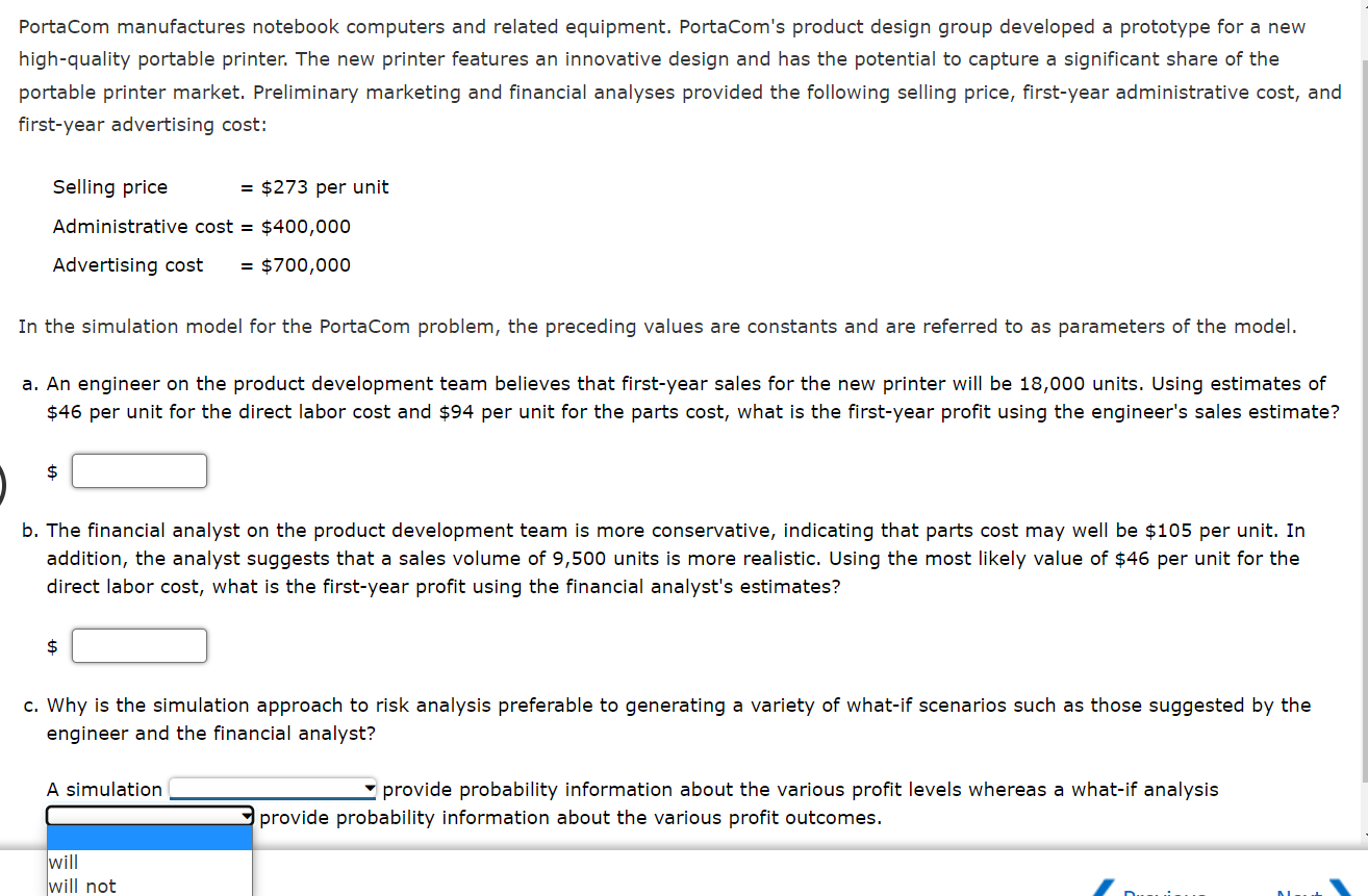 Solved Problem 12-01 (Algorithmic) PortaCom manufactures | Chegg.com