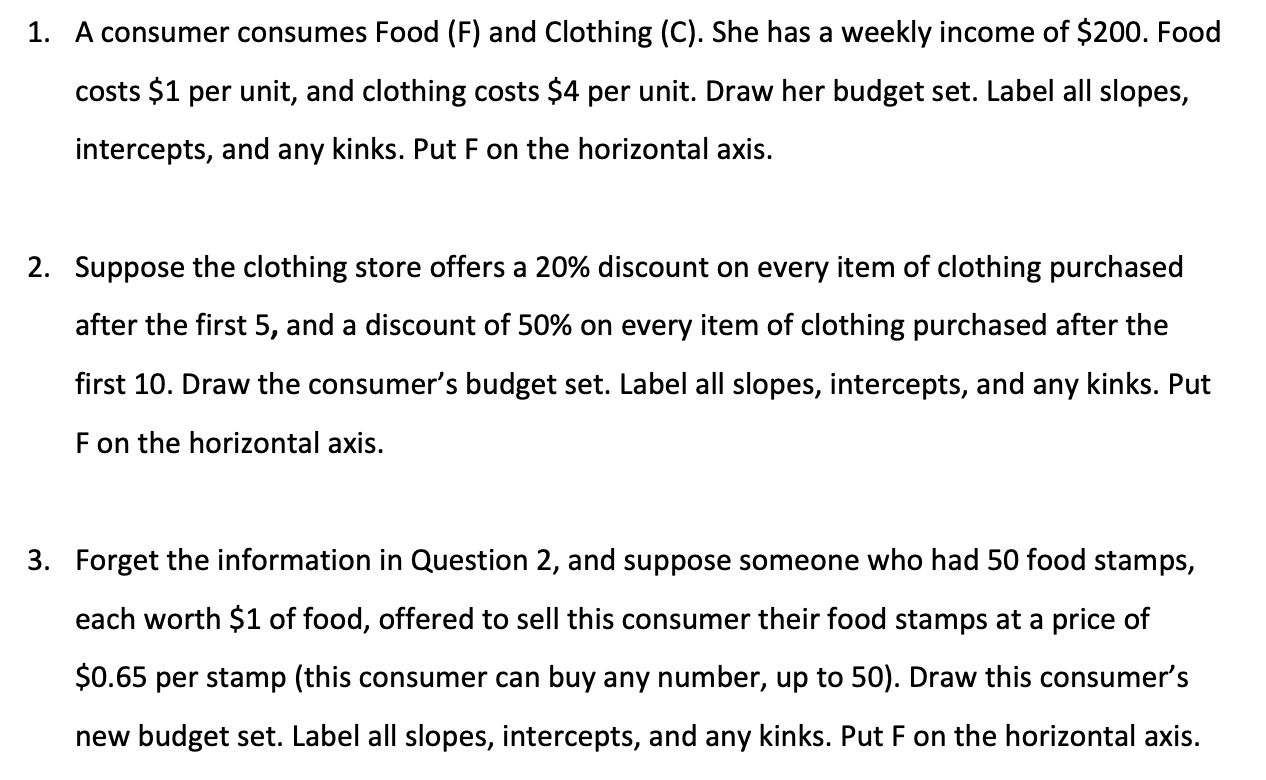 Solved 1. A consumer consumes Food (F) and Clothing (C). She | Chegg.com