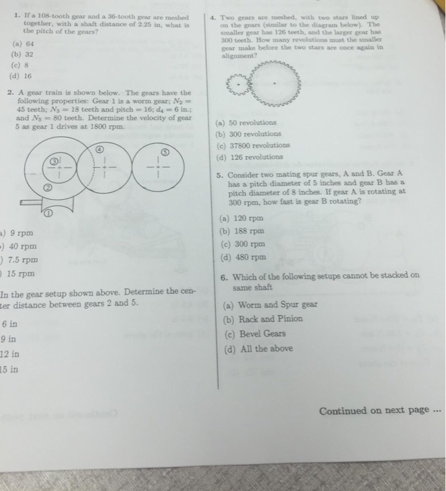 Solved 1. If a 108-tooth gear and a 36-tooth gear are 4. Two | Chegg.com