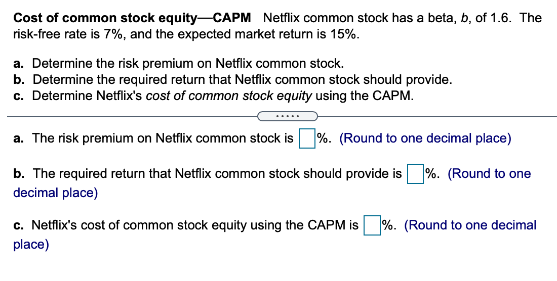 Solved Cost of common stock equity—CAPM Netflix common stock | Chegg.com