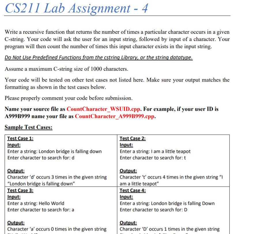 Solved CS211 Lab Assignment - 4 Write a recursive function | Chegg.com