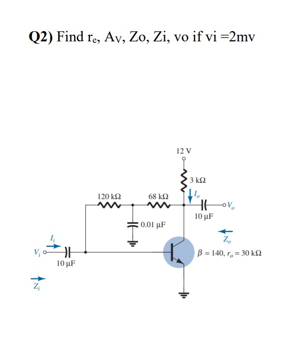 Solved Q2) ﻿Find re,Av,Zo,Zi, ﻿vo if vi =2mv | Chegg.com