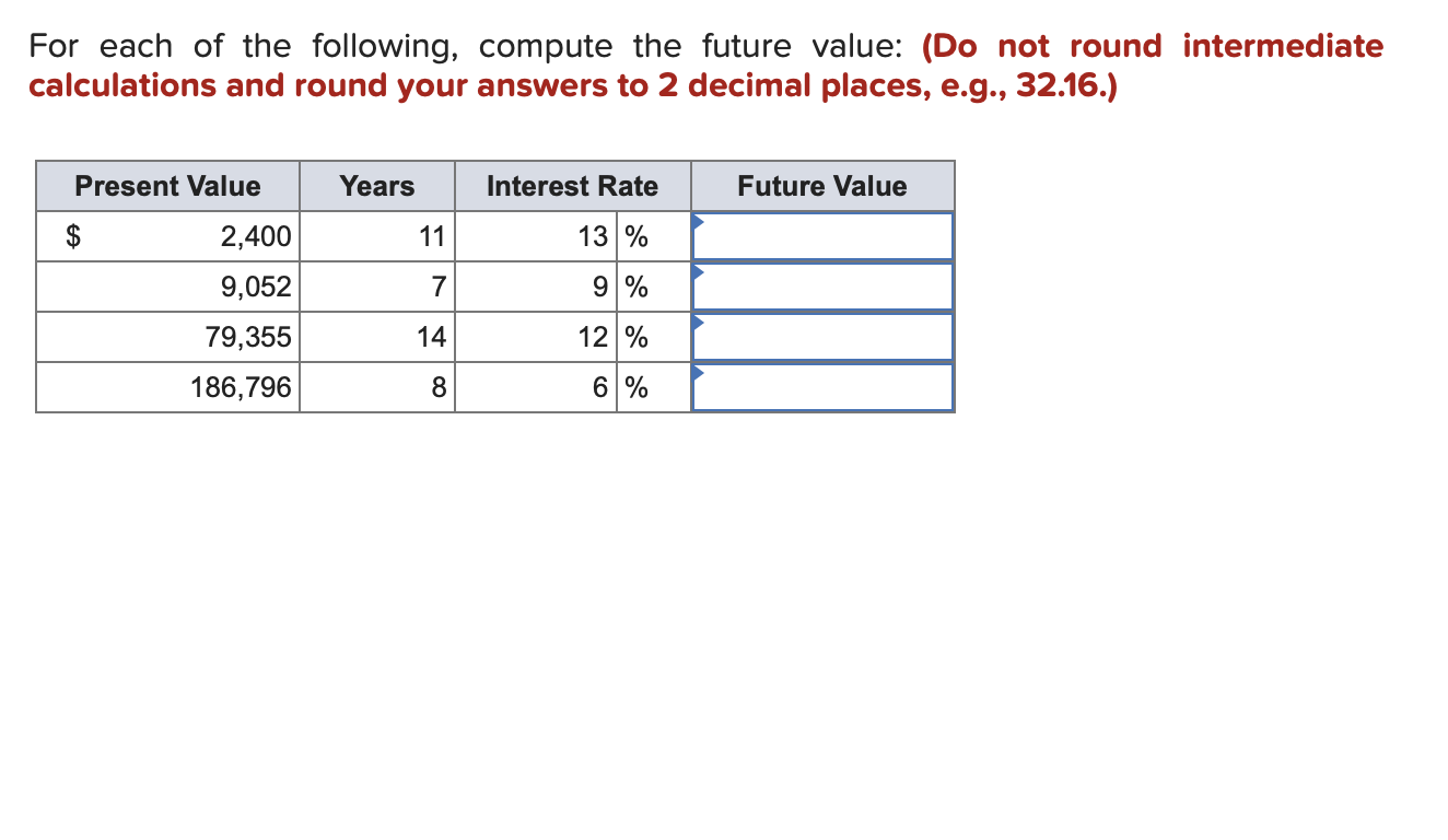 Solved For each of the following, compute the future value: | Chegg.com