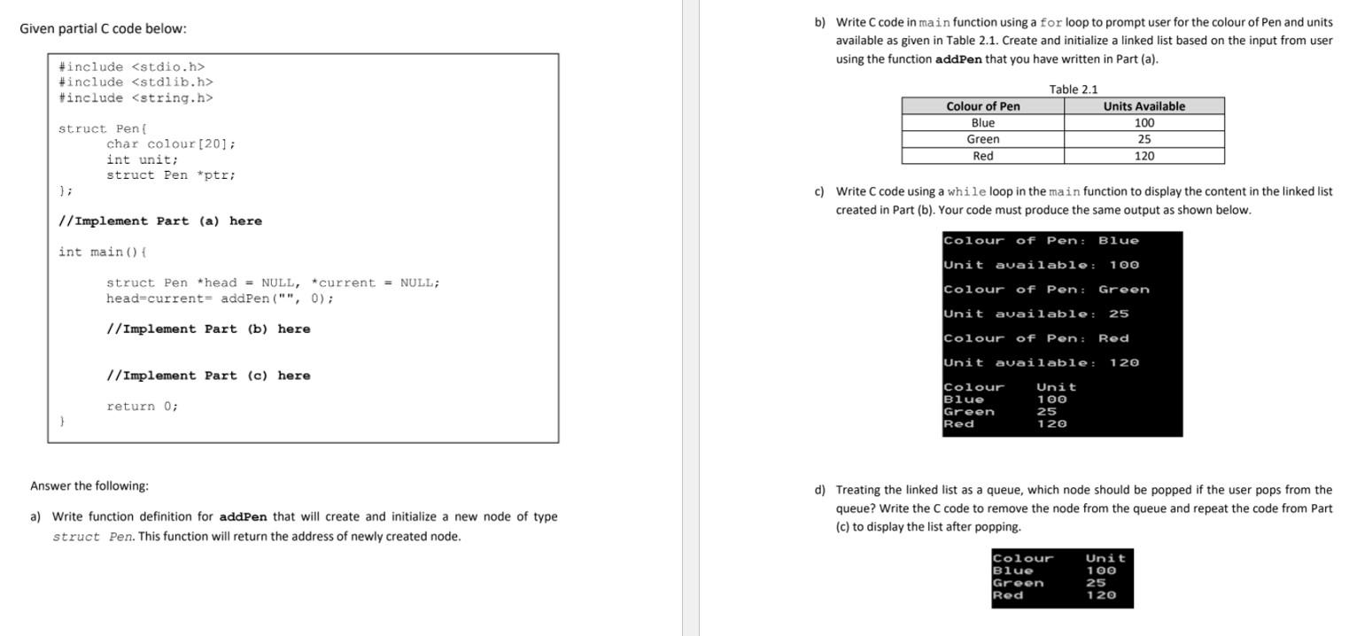 Solved Given Partial C Code Below B Write C Code In Main