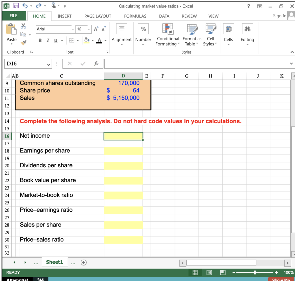 Solved XL Calculating market value ratios - Excel ? Х FILE | Chegg.com