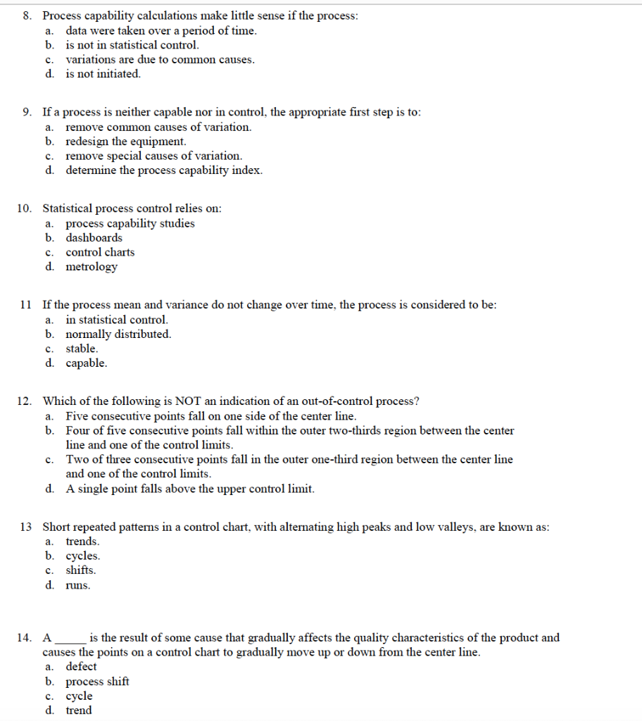Solved a. 8. Process capability calculations make little | Chegg.com