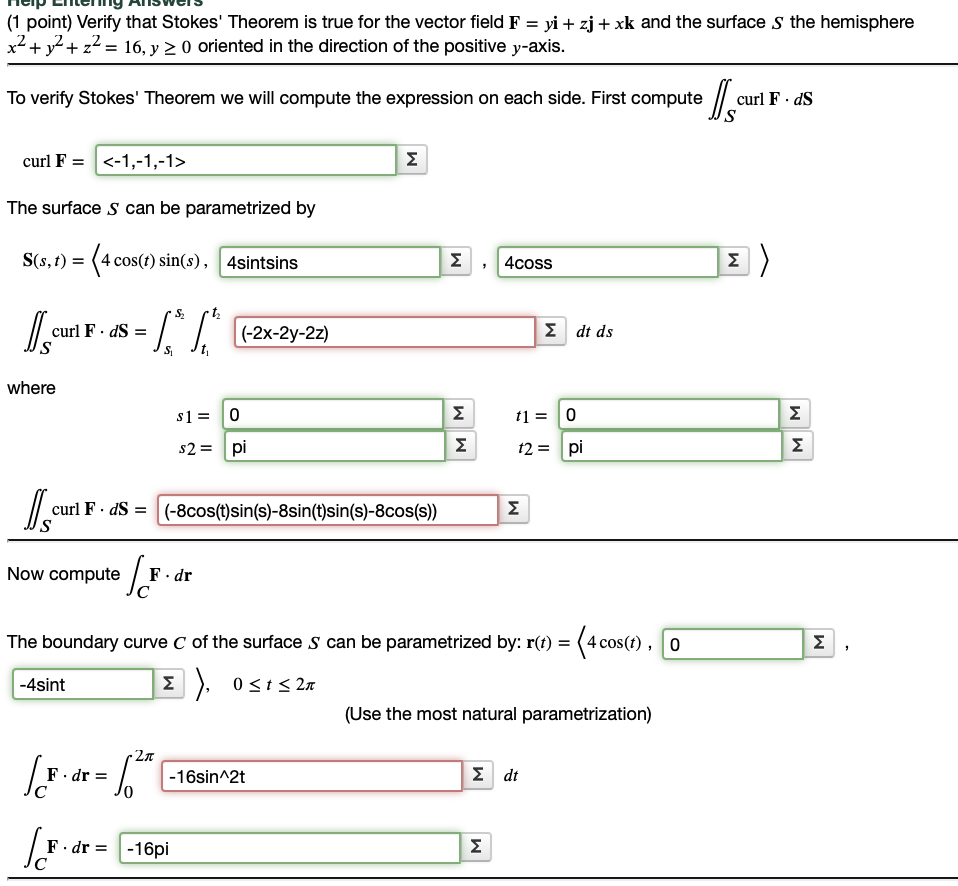 Solved (1 point) Verify that Stokes' Theorem is true for the | Chegg.com