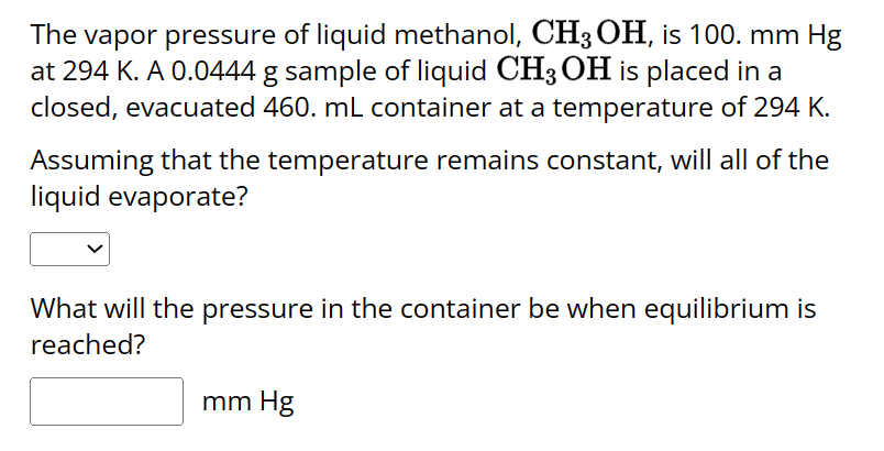 Solved The vapor pressure of liquid methanol, CH3OH, is | Chegg.com