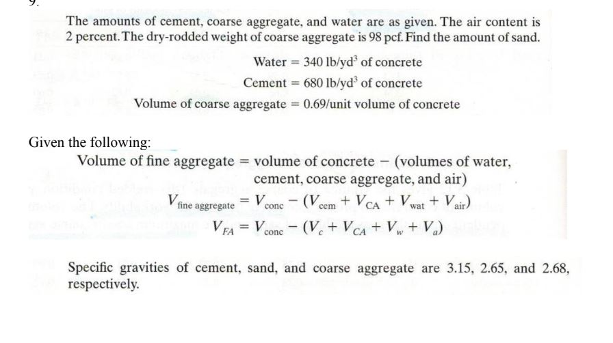 Solved The amounts of cement, coarse aggregate, and water | Chegg.com