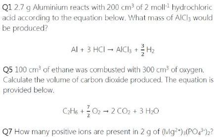 Solved Q1 2.7 ﻿g Aluminium reacts with 200cm3 ﻿of 2moll-1 | Chegg.com