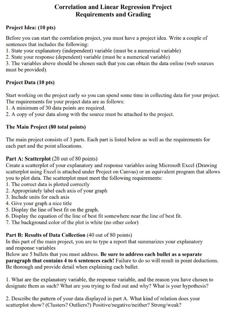 Correlation and Linear Regression Project | Chegg.com