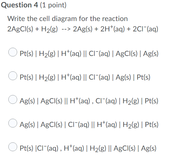 Solved Question 4 (1 point) Write the cell diagram for the | Chegg.com