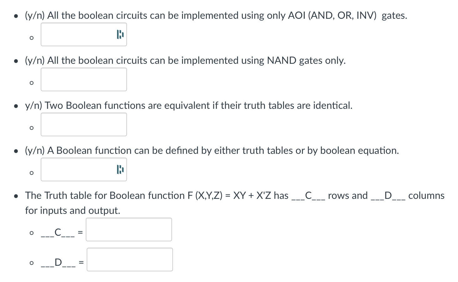 Solved • (y/n) All the boolean circuits can be implemented | Chegg.com