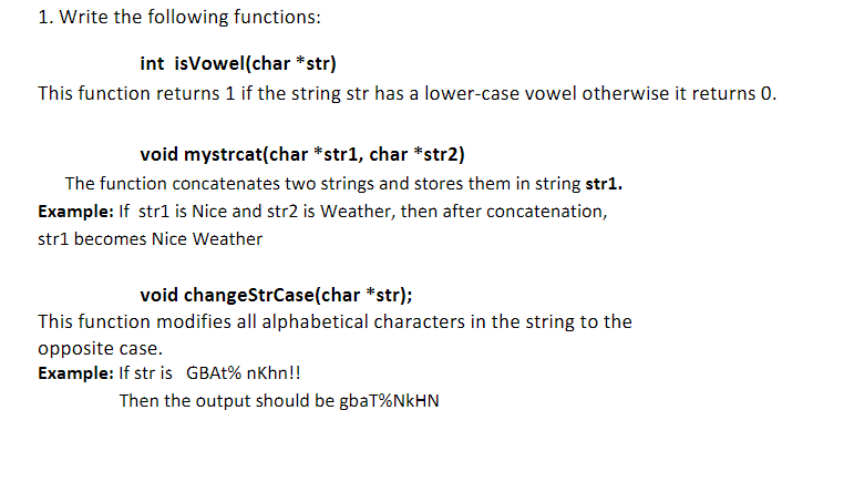 Solved 1. Write the following functions: int isVowel(char | Chegg.com