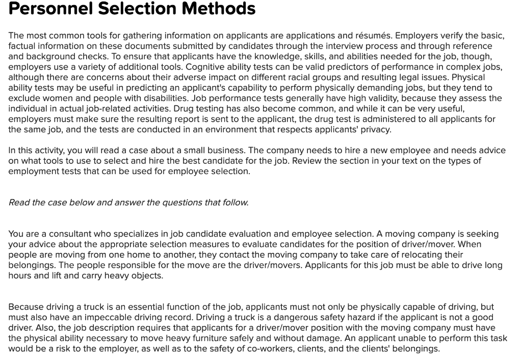 Solved Personnel Selection Methods The most common tools for | Chegg.com