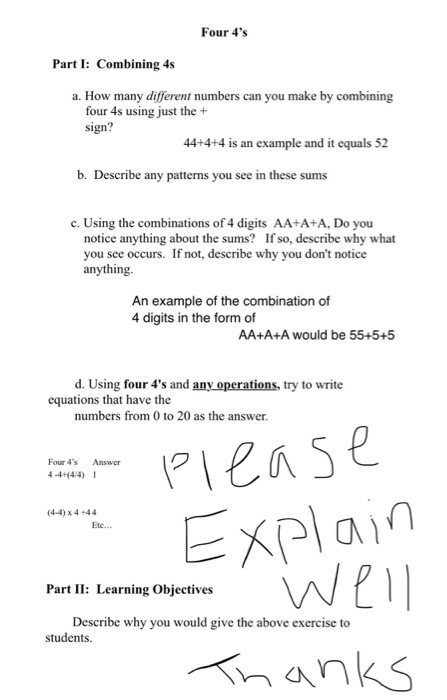 Solved Four 4's Part I: Combining 4s a. How many different | Chegg.com