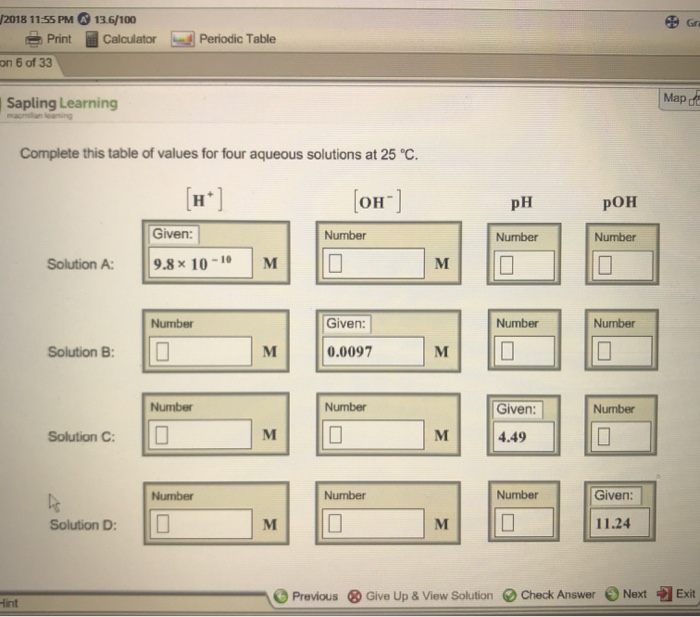 Solved Complete this table of values for four aqueous | Chegg.com