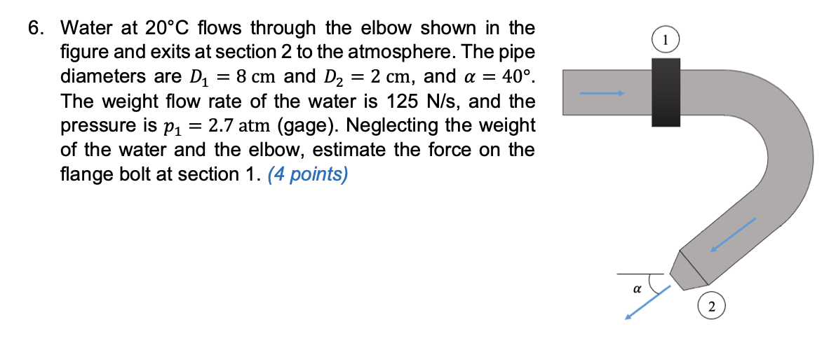 Solved 6. Water at 20°C flows through the elbow shown in the | Chegg.com