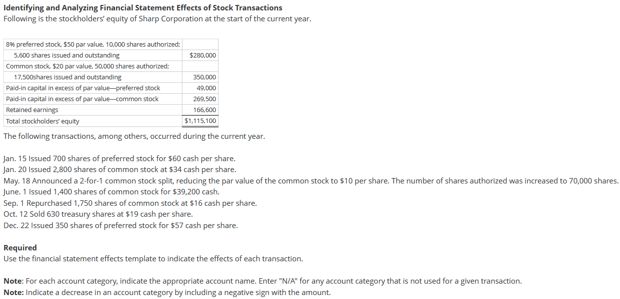 Identifying and Analyzing Financial Statement Effects | Chegg.com