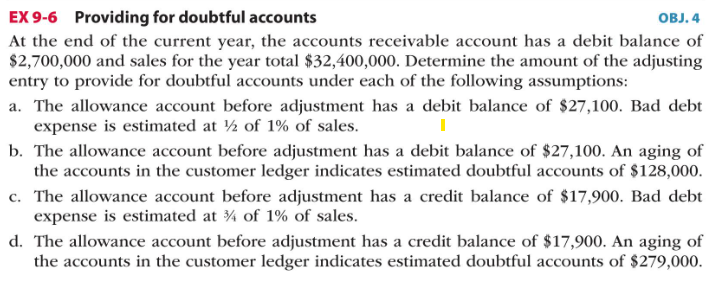 Solved EX 9-6 Providing for doubtful accounts OBJ. 4 At the | Chegg.com