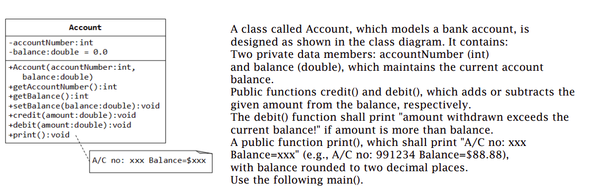 Solved Account -account Number:int -balance: double = 0.0 | Chegg.com