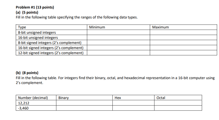 Solved Problem #1 (13 points) (a) (5 points) Fill in the | Chegg.com