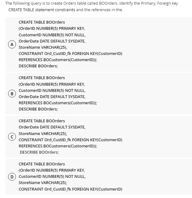 Solved The following query is to create Orders table called | Chegg.com