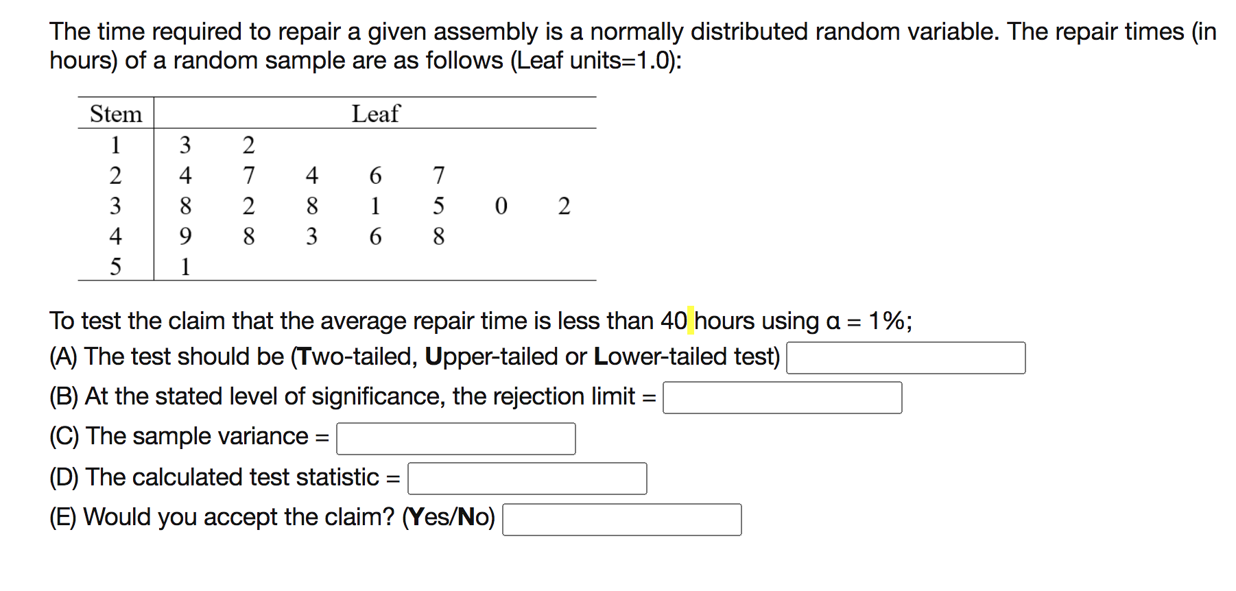 Solved The time required to repair a given assembly is a | Chegg.com