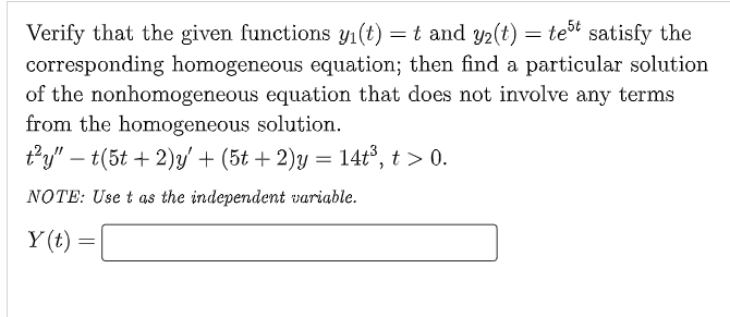 Solved Verify that the given functions y1(t)=t and | Chegg.com