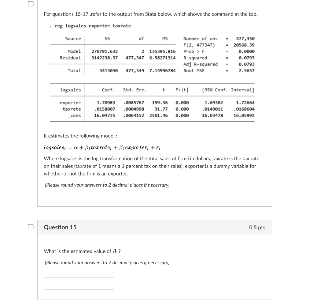 Solved For questions 15-17 ,refer to the output from Stata | Chegg.com