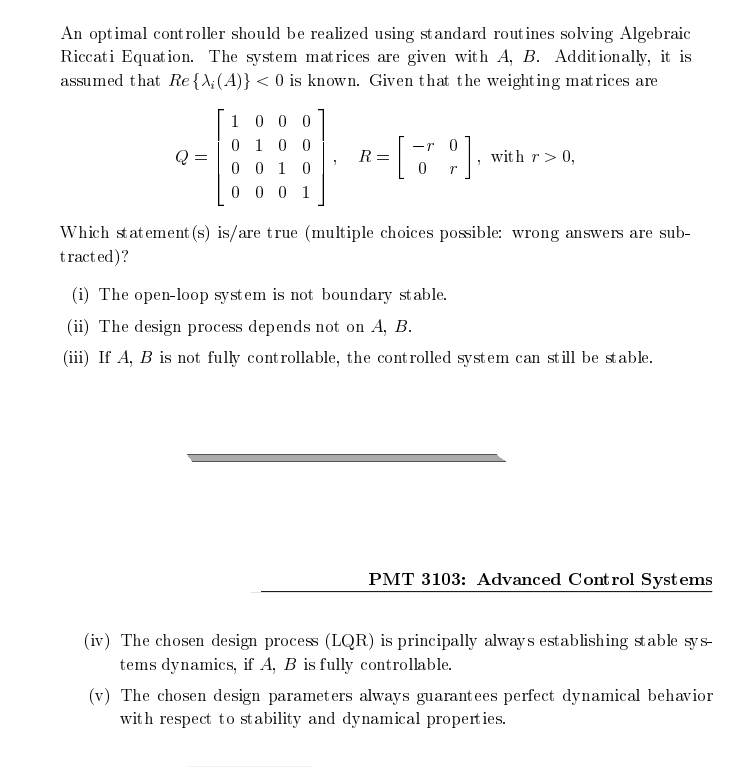 An optimal controller should be realized using | Chegg.com