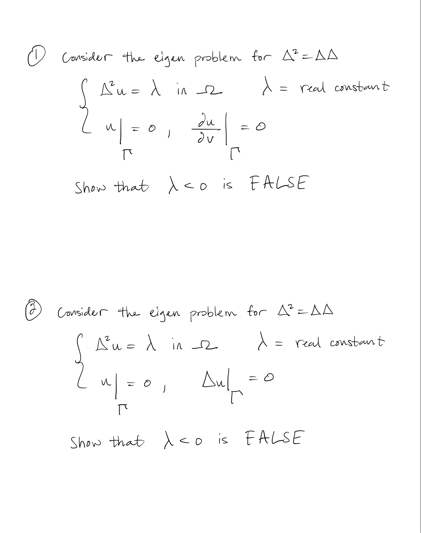 Solved (1) Consider the eigen problem for Δ2=ΔΔ {Δ2u=λ in | Chegg.com