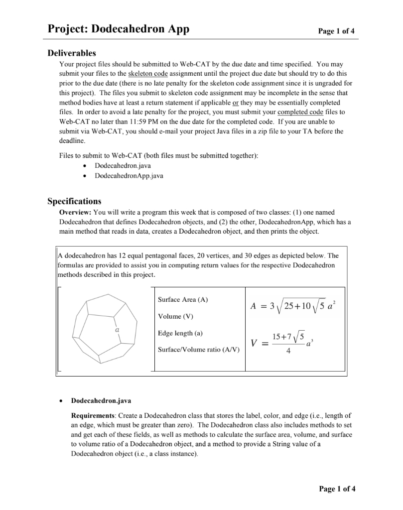 Solved Project: Dodecahedron App Page 1 of 4 Deliverables | Chegg.com