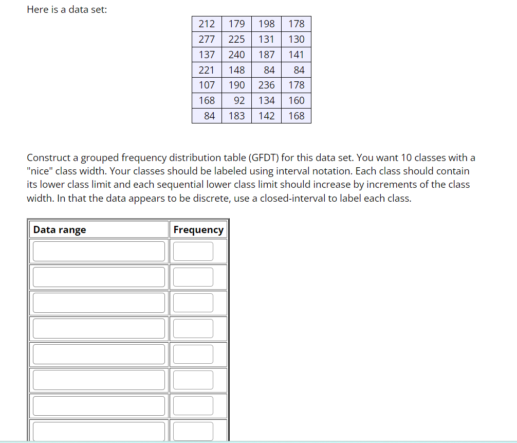 Solved Here is a data set: Construct a grouped frequency | Chegg.com