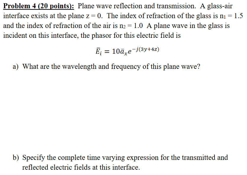 Plane wave reflection and transmission. A glass-air | Chegg.com
