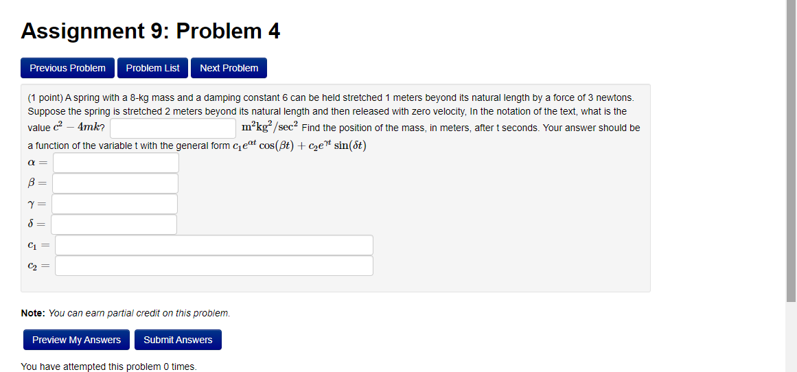 Solved Assignment 9 Problem 4 Previous Problem Problem List 3201