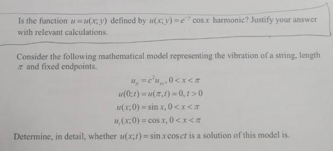 Solved Is the function u=u(x;y) defined by u(x;y)=e−ycosx | Chegg.com