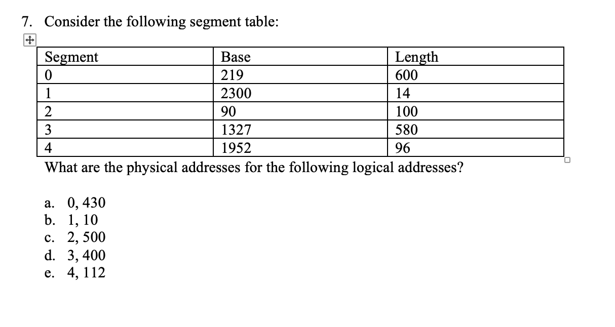 Solved 7 Consider The Following Segment Table Segment Base 