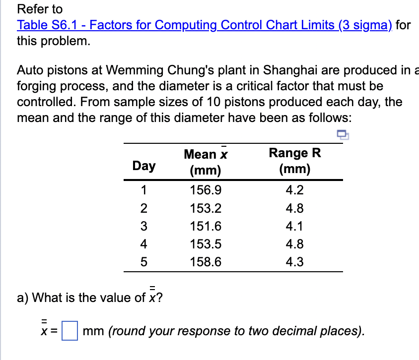 Solved Refer to Table S6.1 - Factors for Computing Control | Chegg.com